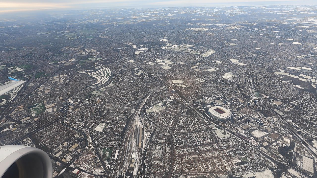 Snowy Take off from London Heathrow Airport. London Landscape Covered ...