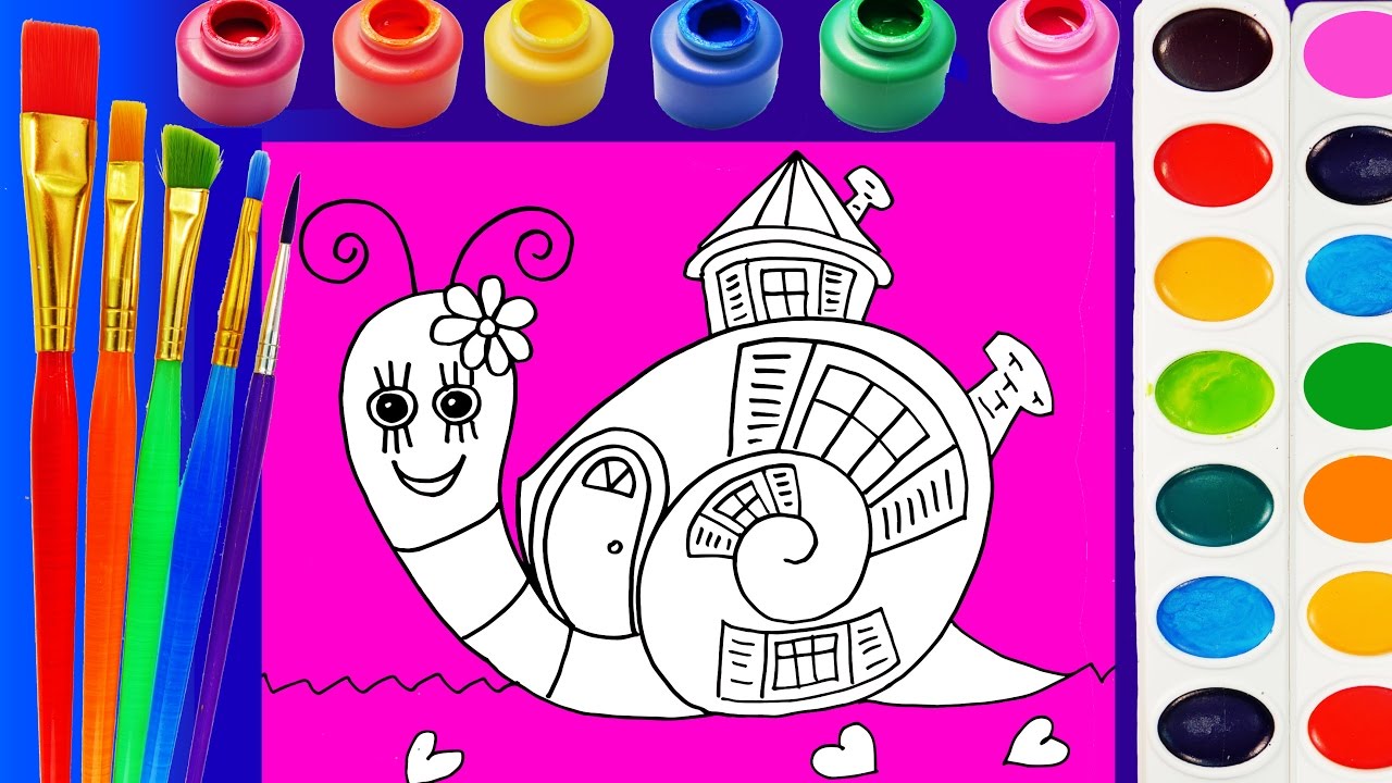 Snail House Coloring Page for Kids to Learn Color with Watercolor for ...