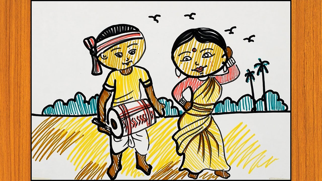 Assamese Bihu Dance Drawing step by step I How to Draw Bihu Dance - YouTube