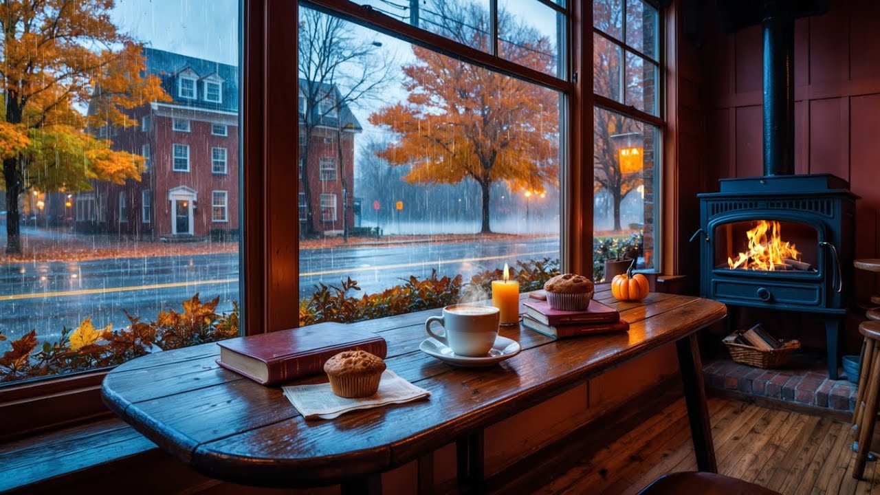 Cozy Autumn Coffee Shop 🍂 ☕ Perfect Fall Ambience | Rain & Fire Sounds ...