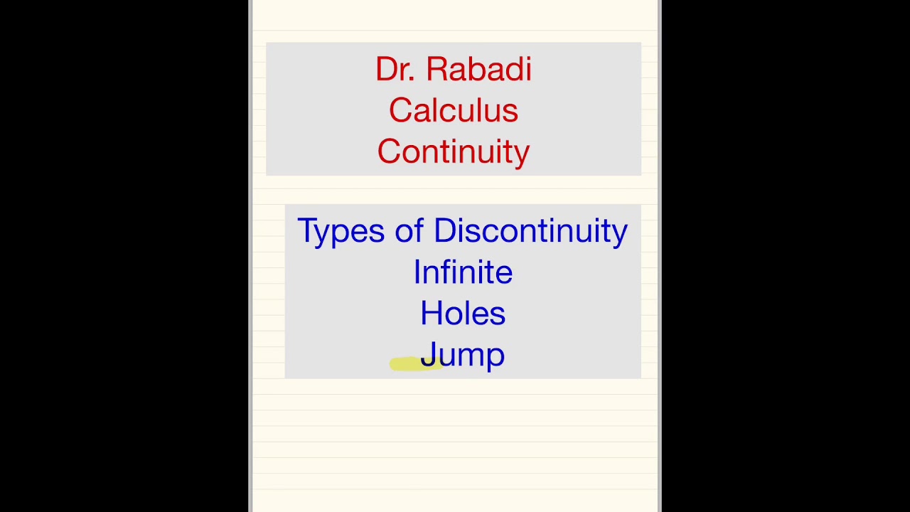 Calculus Continuity Types of discontinuity infinite hole jump - YouTube
