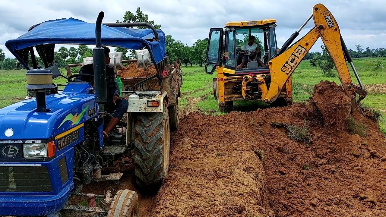 Mahindra Yuvo 415 Di And Eicher 380 Tractor Struggling In Mud To Pulling Loaded Trolley | JCB ...