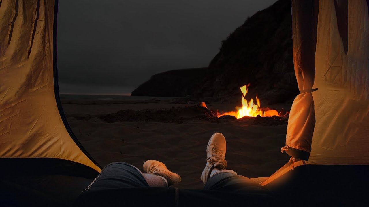 Camping in the Beach | Relax with Fire Sound & Wave Sound | 6 Hours ...