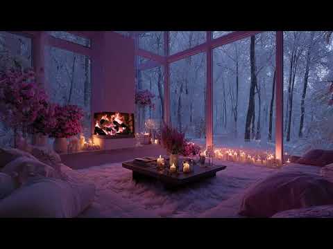 Romantic Cozy Winter Night with Snow Wind Outside and Crackling Fireplace Sounds for Sleep