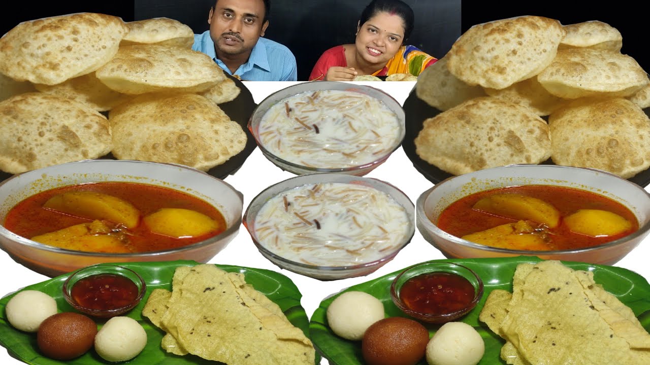 Eating Show Bengali Luchi/Puri Dumaloo Brinjal Fry Chatni Papad ...