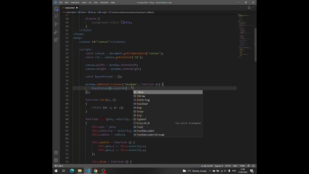 The Pong game in Javascript 09 - Keyboard Input and collision - YouTube