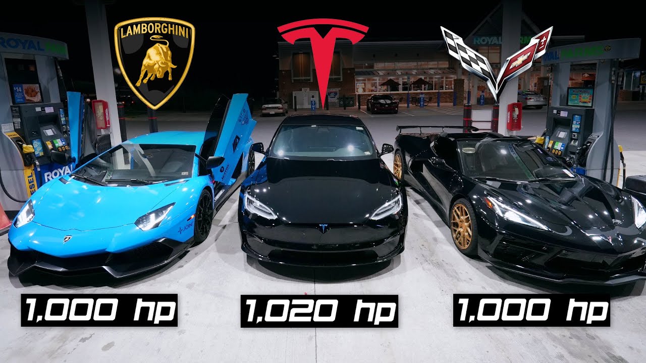 Tesla Model S Plaid vs 1000hp Lamborghini vs 1000hp Corvette C8 | DRAG ...