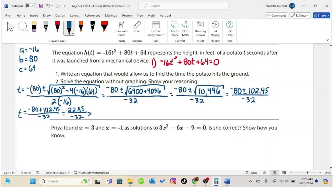 Algebra 1 Unit 7 Lesson 18 Practice Problems - YouTube