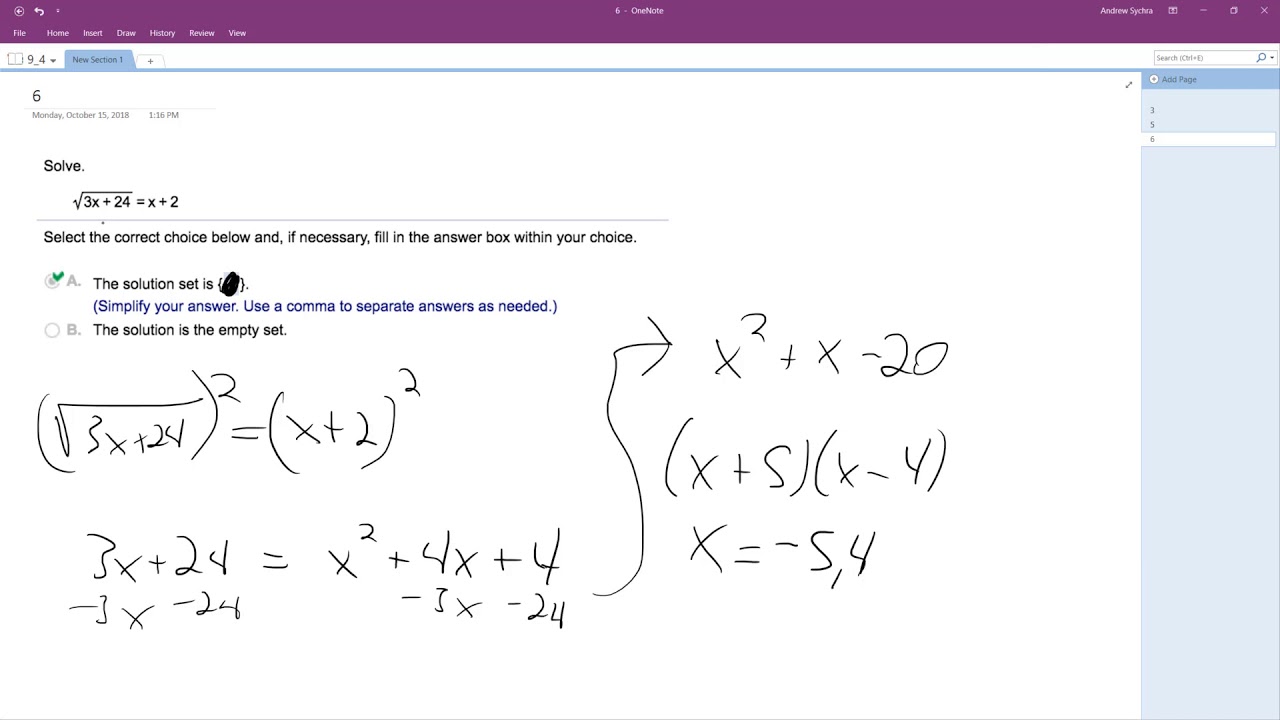 Solve sqrt(3x + 24) = x + 2 - YouTube