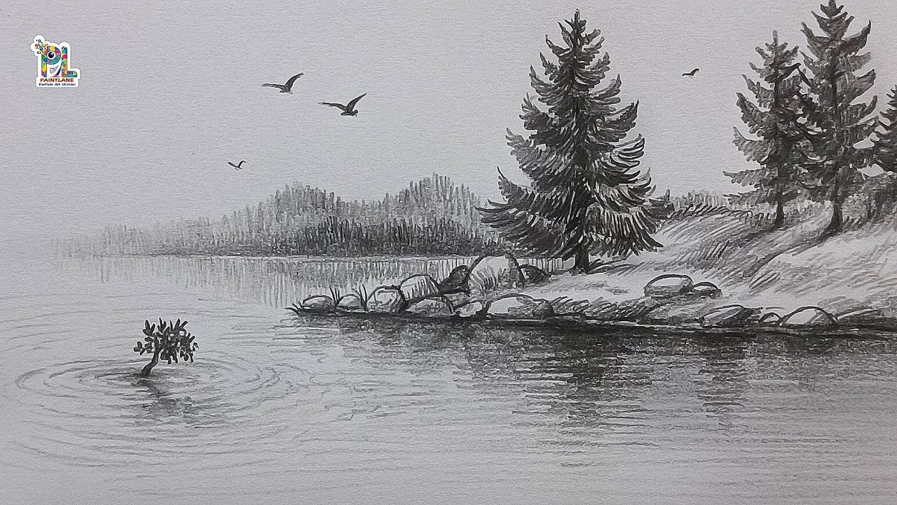 Pencil Drawing and Shading Lake Shore Art with easy Pencil Strokes ...