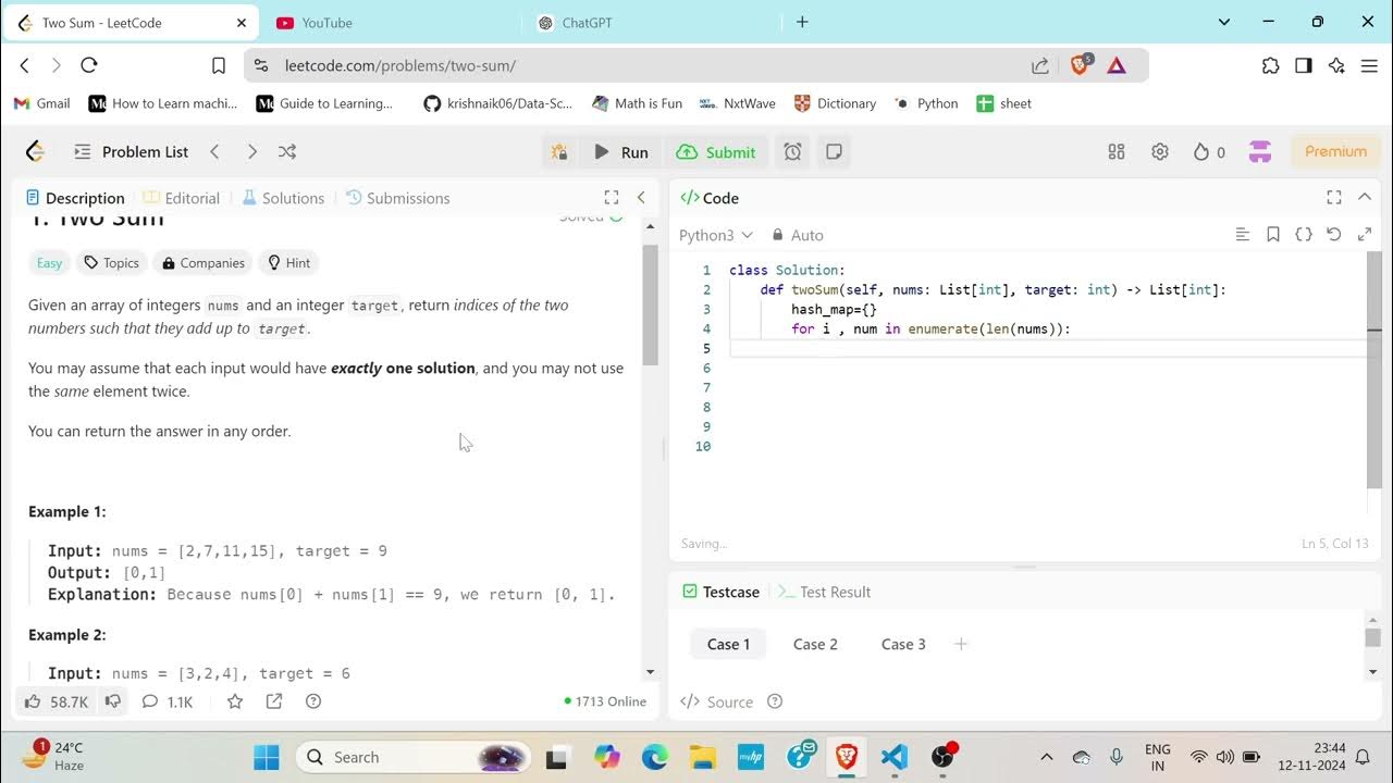 Two Sum Problem Explained in python telugu - YouTube