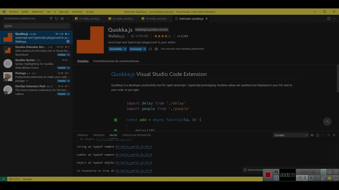 Instalación y uso de la extension Quokka.Js - YouTube