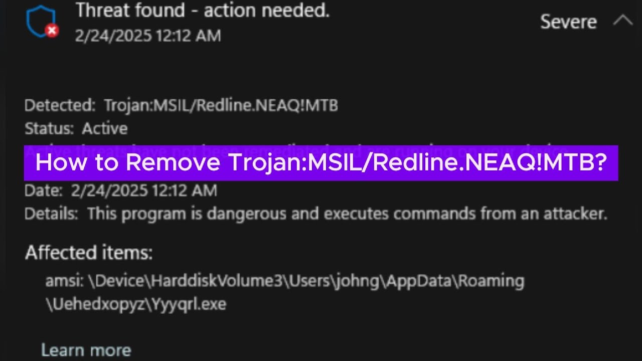 Trojan:MSIL/Redline.NEAQ!MTB Removal Steps - YouTube