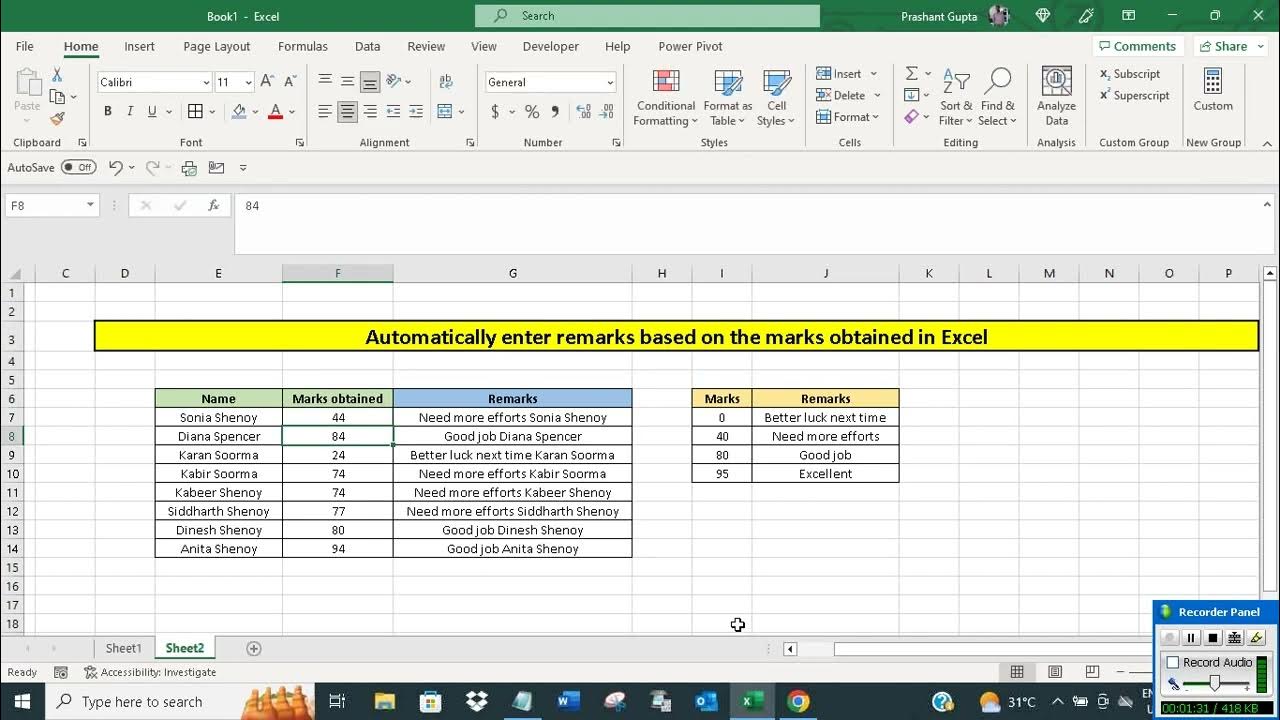 Automatically enter remarks based on the marks obtained in Excel - YouTube