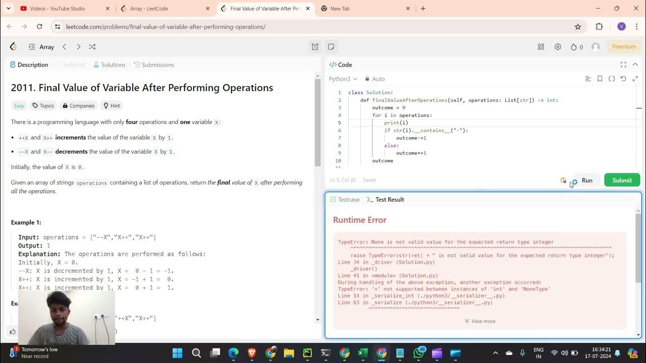 2011final Value Of Variable After Performing Operations Leetcode Dsa In Python Leetcode 1621