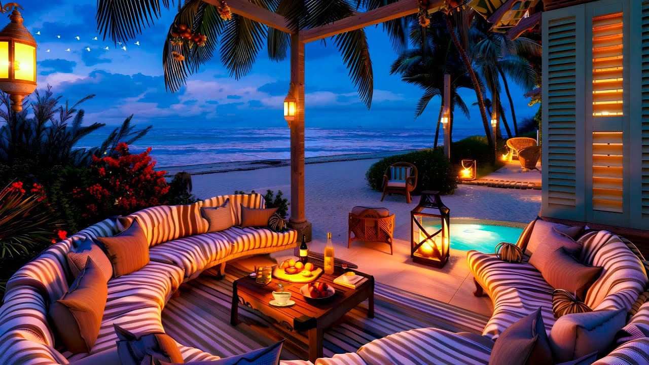 Soothing Jazz Music - Cozy Coastal Patio under Moonlight with Ocean ...