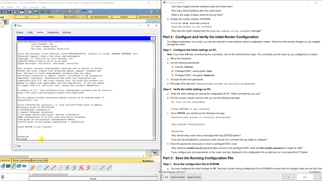 6.4.1.3 Packet Tracer - Configure Initial Router Settings - YouTube