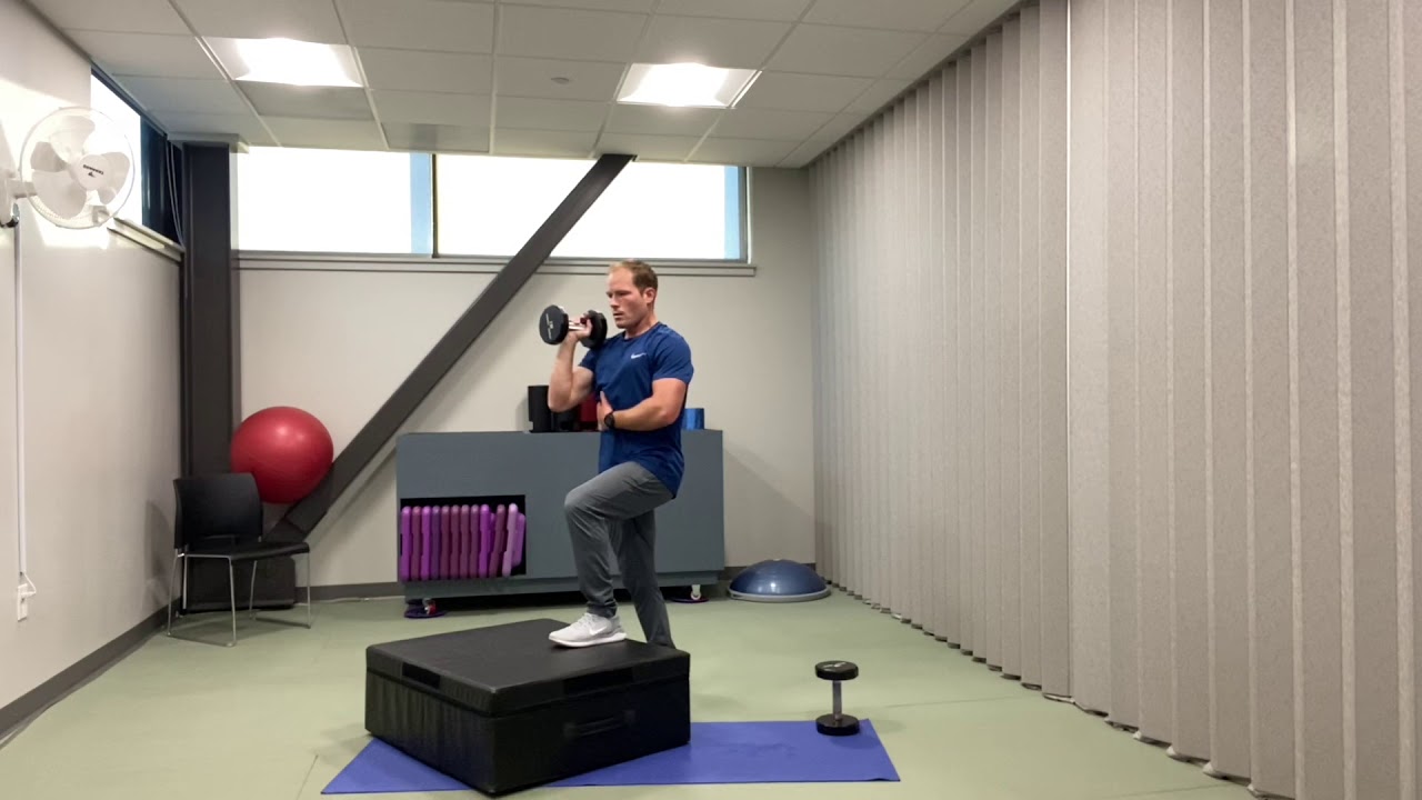 Dumbbell Step Up to Single Arm Overhead Press - YouTube