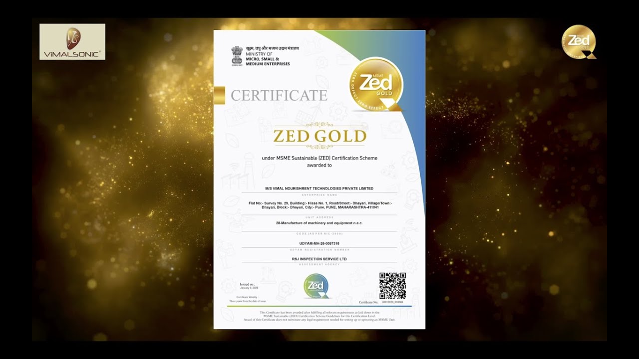 ZED GOLD CERTIFICATION VIMALSSONIC 2023! Zero Defect and Zero Effect manufacturing in INDIA ...