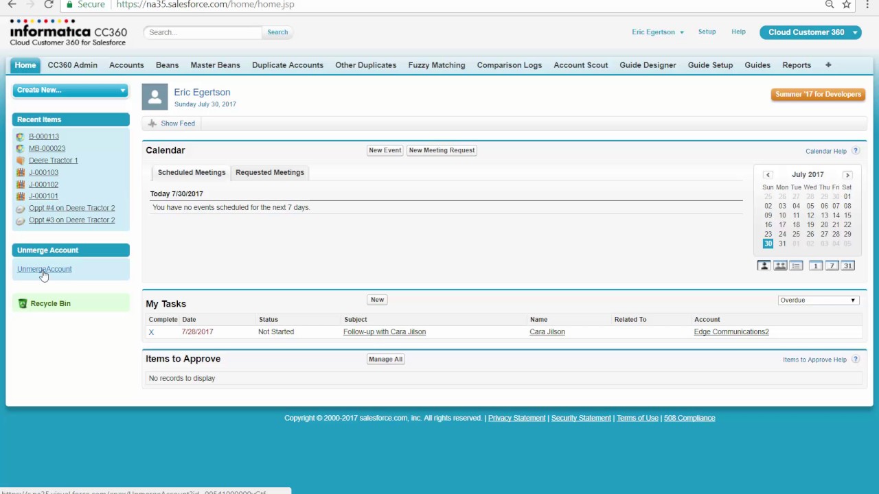 Informatica Customer 360 for Saleforce Unmerge Demonstration - YouTube