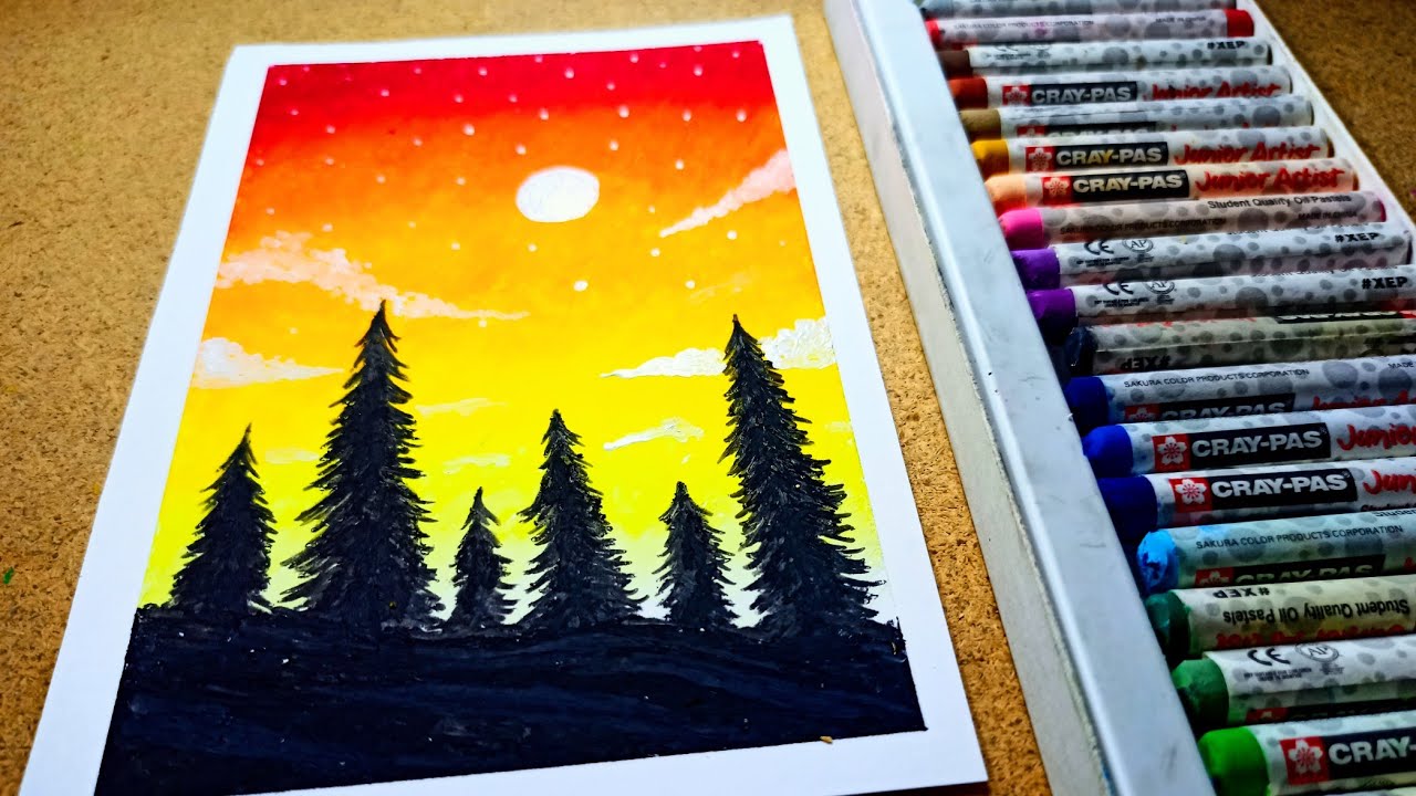 Simple Oil Pastel: Pine Trees(Step by step process) l JLG Art - YouTube