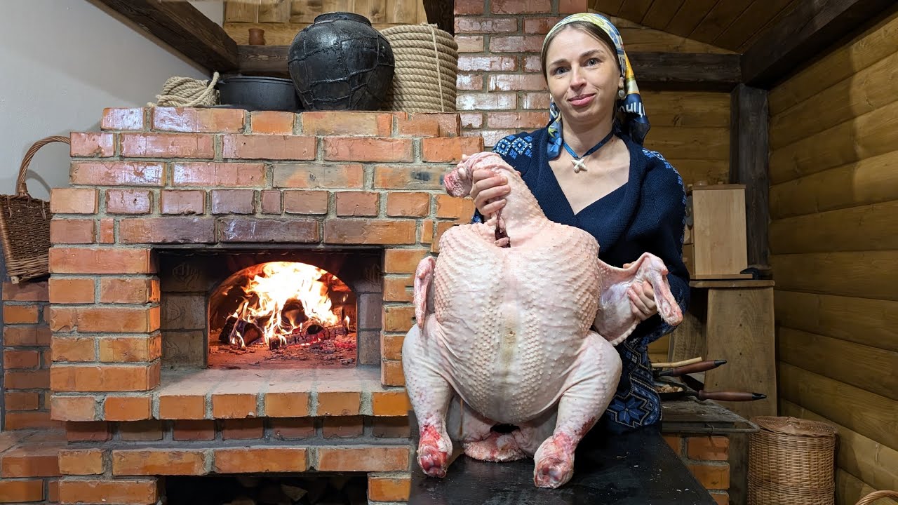Building village oven. Cooking 41 Lbs TURKEY stuffed with cabbage rolls ...