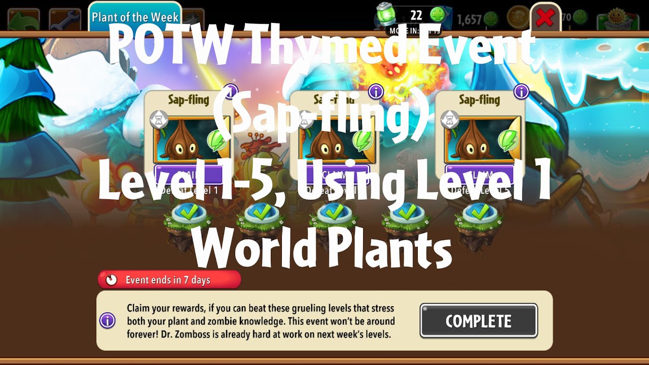PvZ2 POTW Thymed Event (Sap-fling), Level 1-5, Using Level 1 World ...
