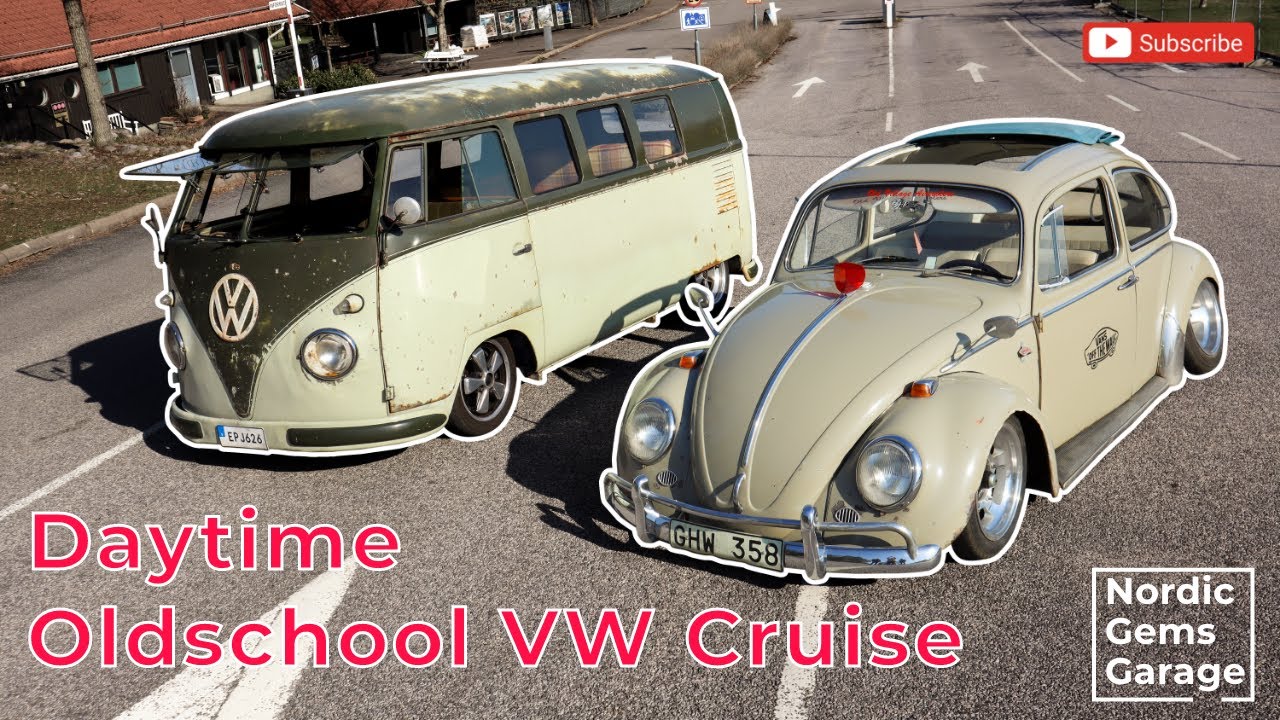 Daytime cruising with a patina 1957 split window VW bus and a 1966 ...