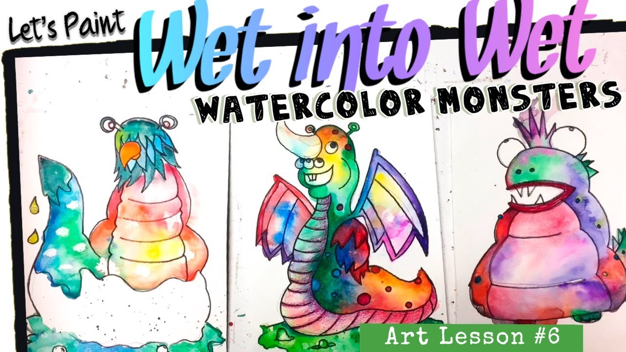 Learn to Paint Wet into Wet WATERCOLOR MONSTERS - Easy Art Tutorial for ...