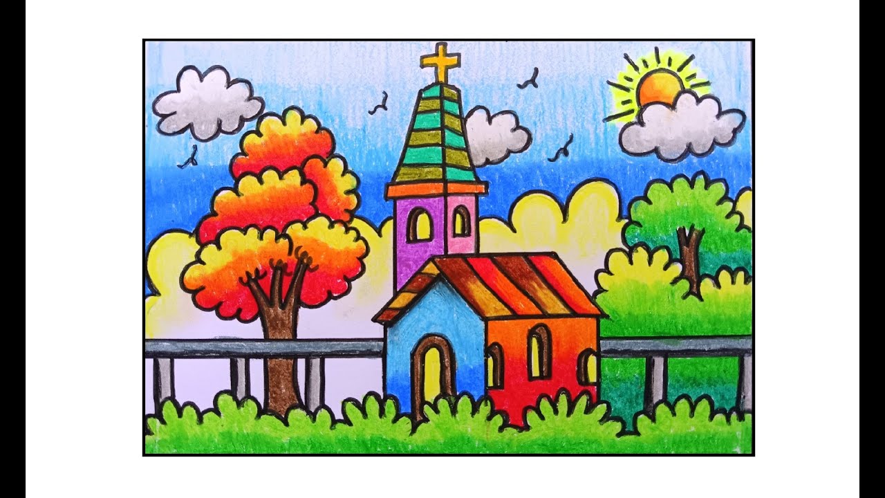 HOW TO DRAW CHURCH/EASY CHURCH DRAWING/CHURCH DRAWING/CHURCH SCENERY ...