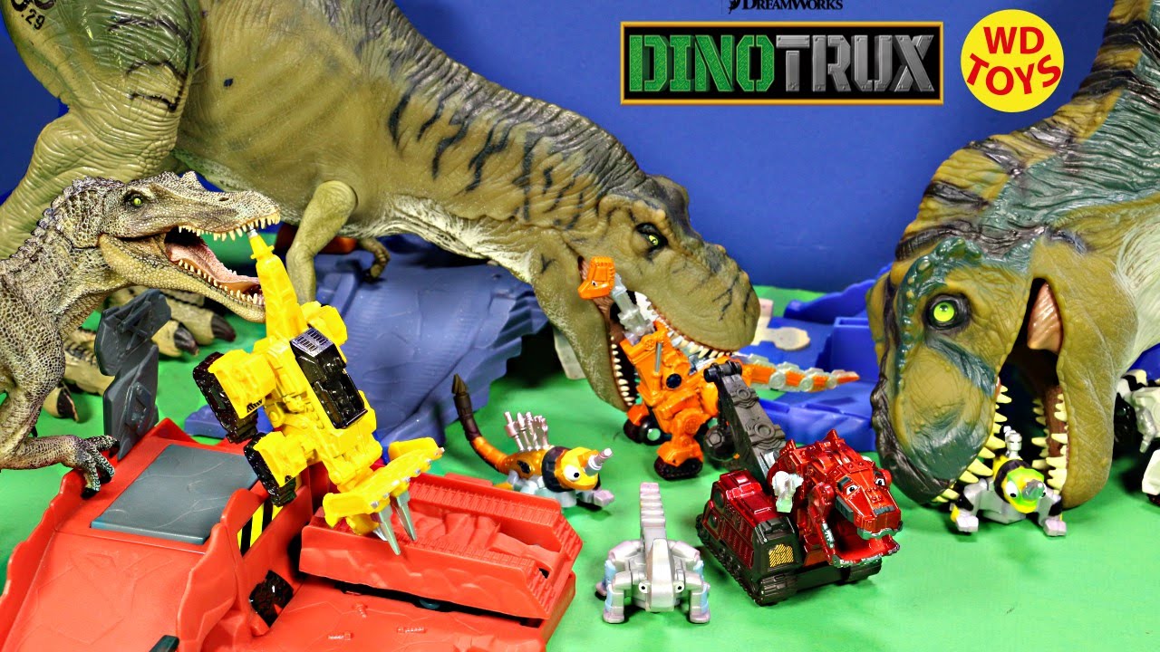 New Dinotrux Ace & Click Clack Dinosaur Trucks VS Jurassic World T-Rex ...