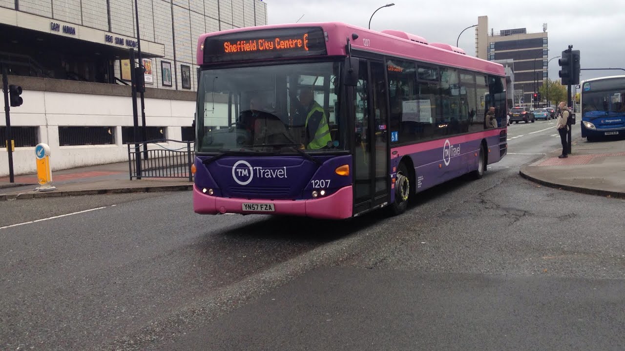 TM Travel 1207 Scania OMNI single decker at Sheffield city centre - YouTube