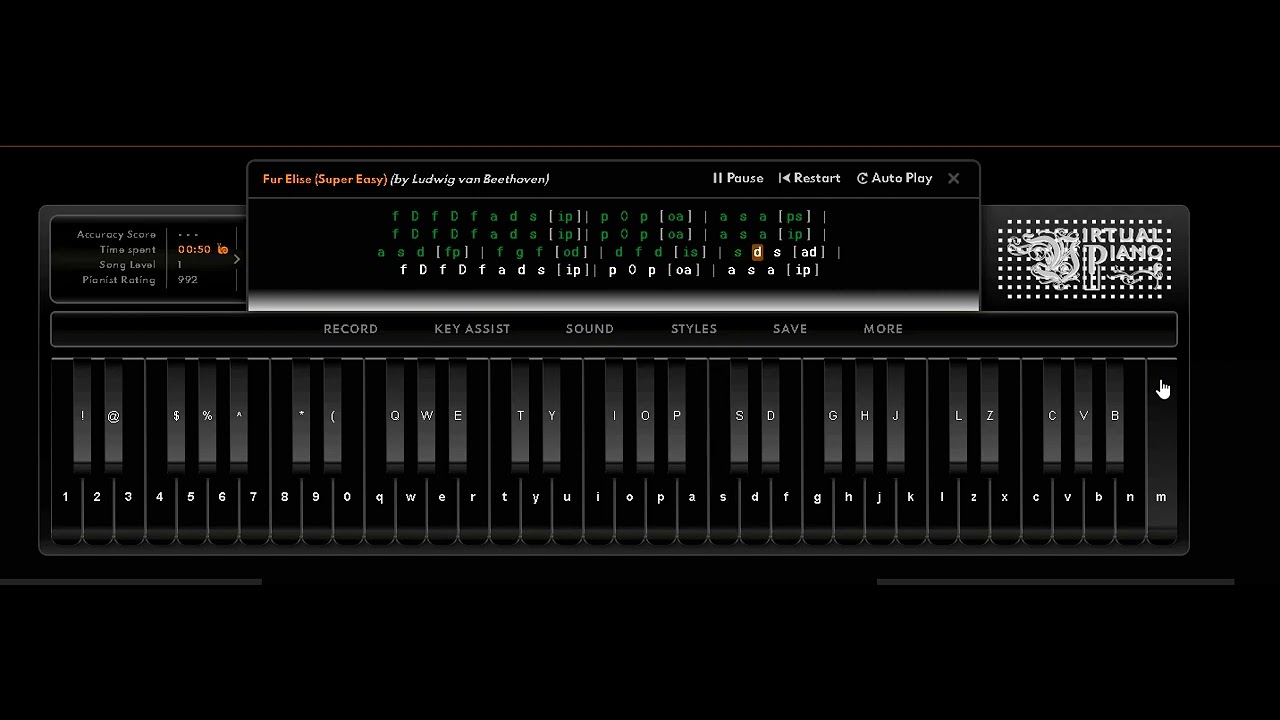 virtual piano - fur Elise super easy - YouTube
