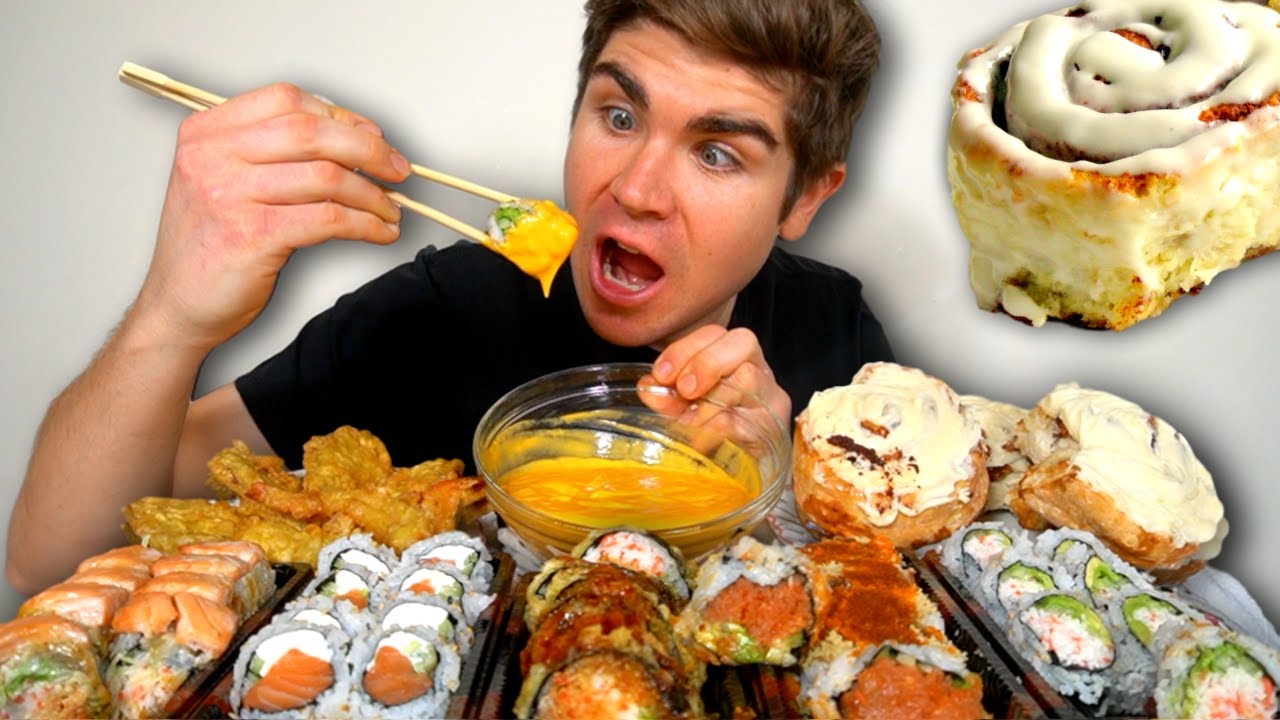 CHEESY SUSHI & GIANT CINNAMON ROLLS EATING SHOW - YouTube