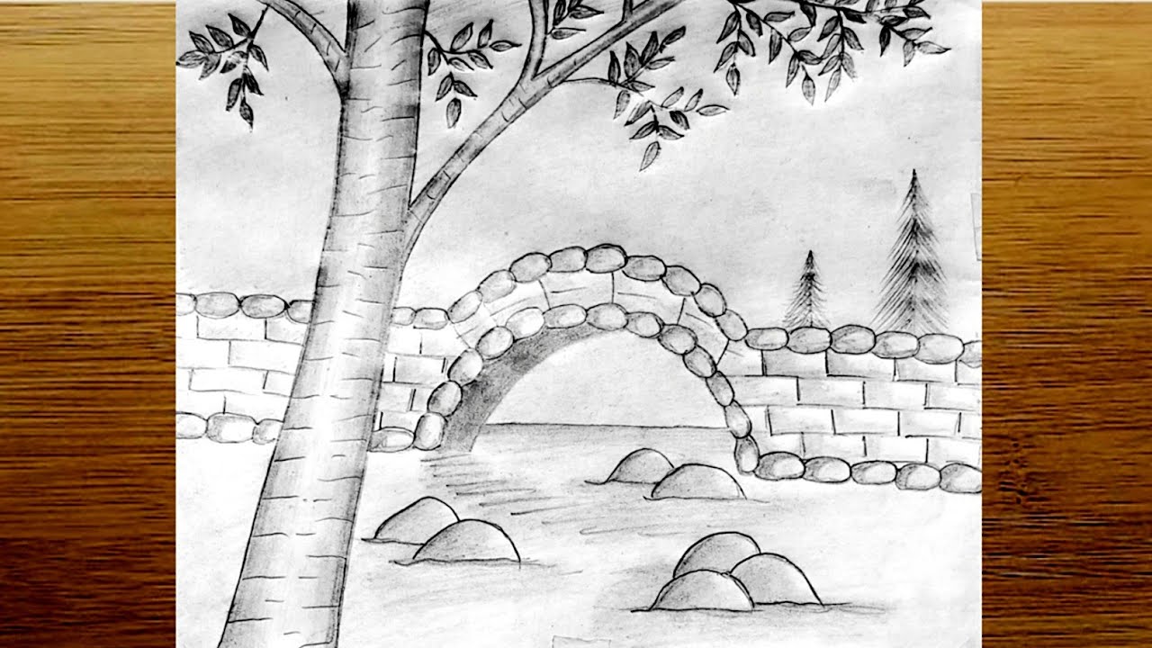 How To Draw Landscape With Bridge Scenery || Forest Bridge Landscape ...