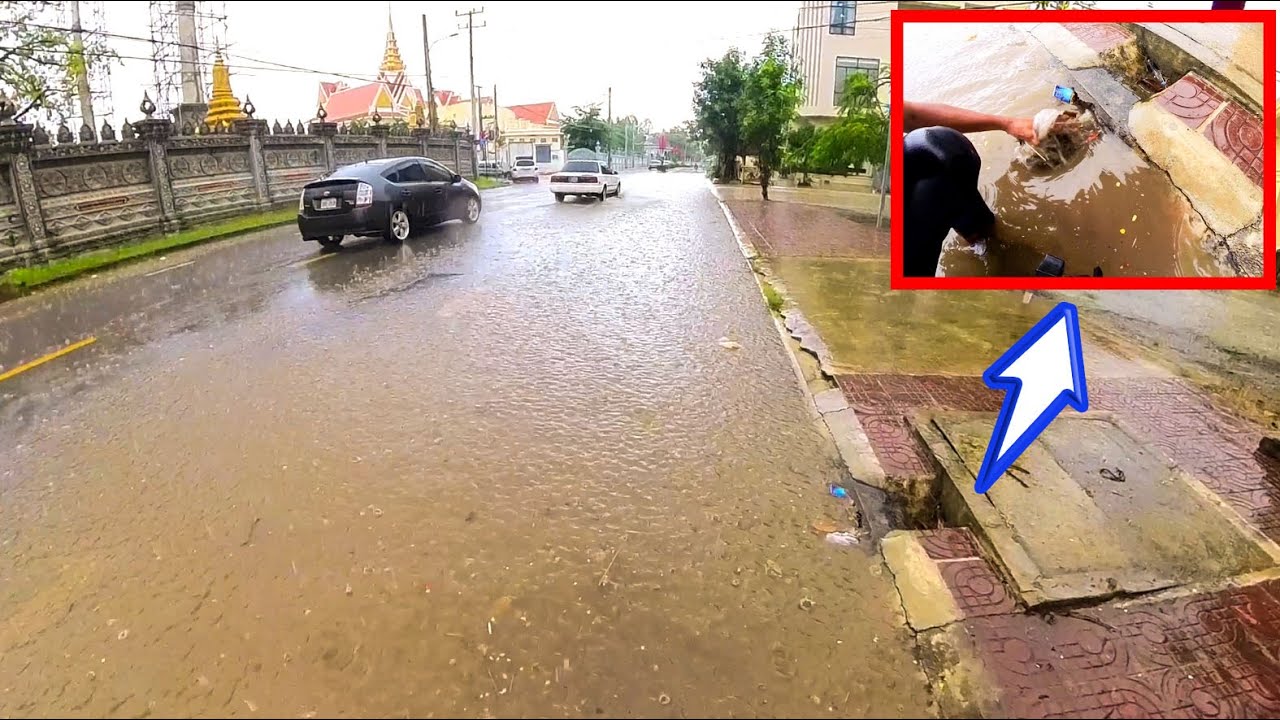 Walk To Remove Trash And Debris Drain Rain Water Out From Street Road ...