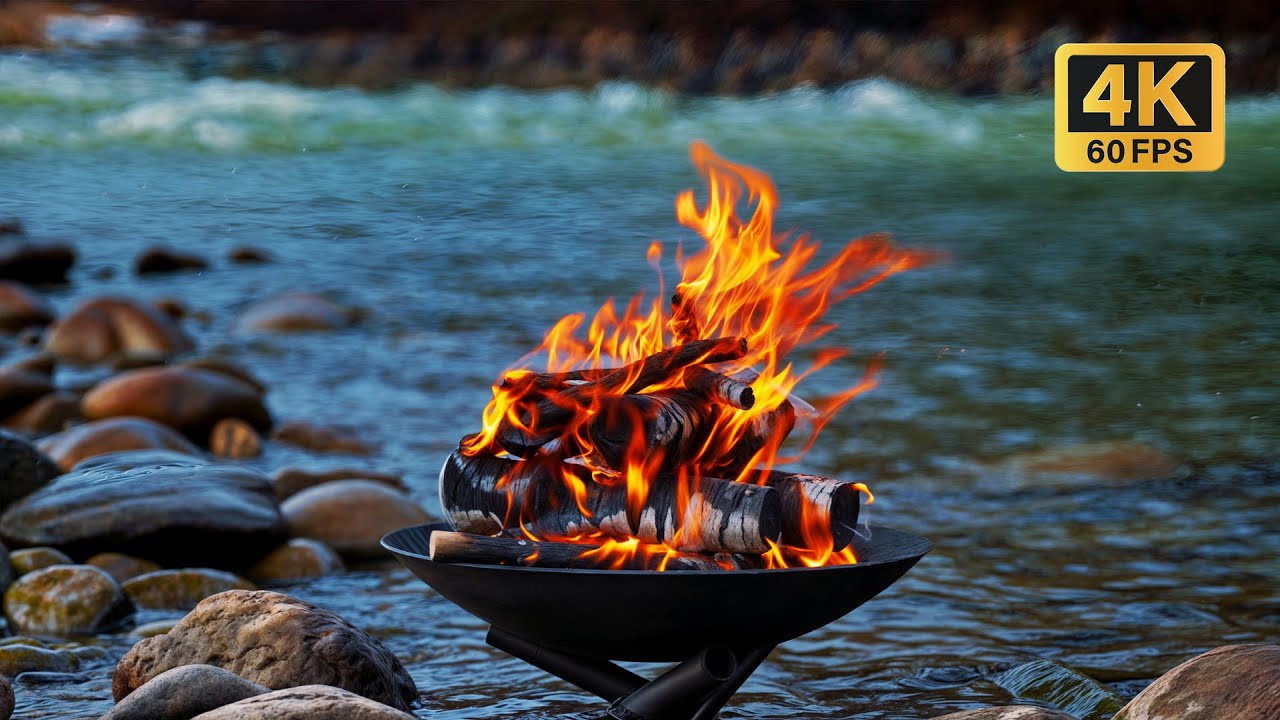 CALM FIRE PIT 4K: River Morning Ambience & True Nature Sounds 🔥🌊 - YouTube