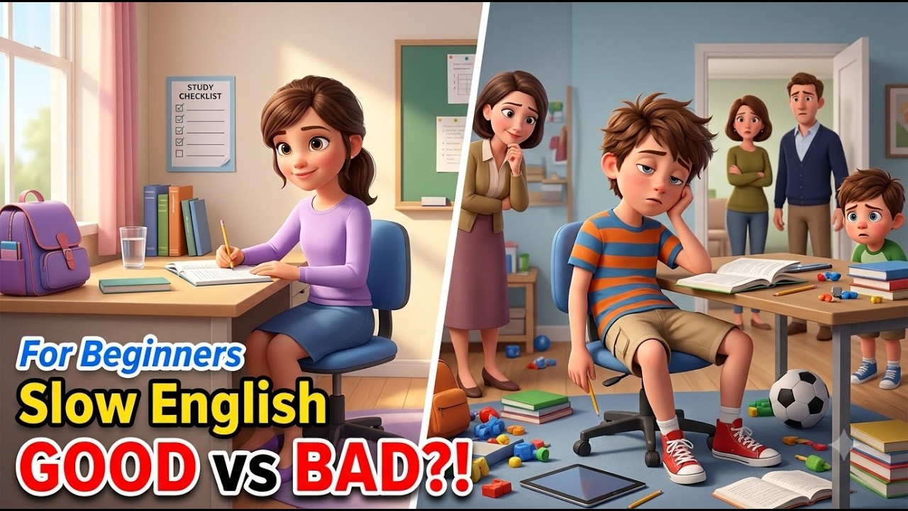 SLOW ENGLISH | GOOD vs BAD STUDY HABITS | English Story For Beginners ...