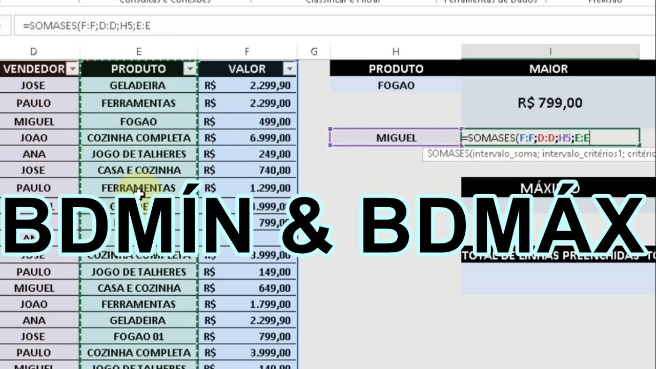 Curso de Excel Anásile Funções BDMÍN, BDMÁX, MÍNIMO & MÁXIMO - YouTube