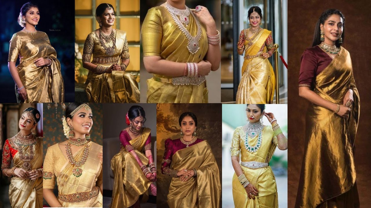 Beautiful GOLD sarees with contrast blouse ideas, New Gold saree with ...