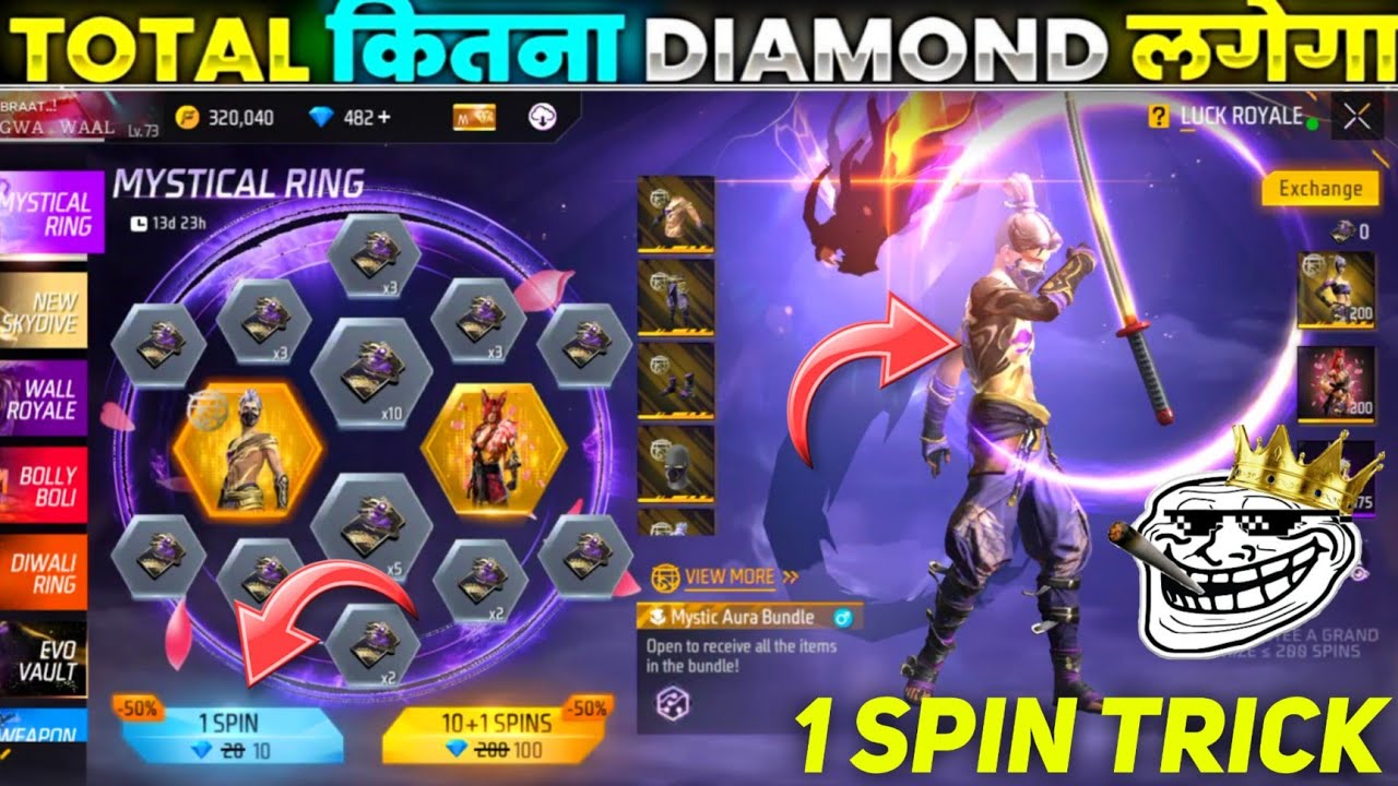 MYSTICAL RING EVENT 10 DIAMOND SPIN TRICK 🤩🔥- MYSTIC AURA BUNDLE KITNE ...