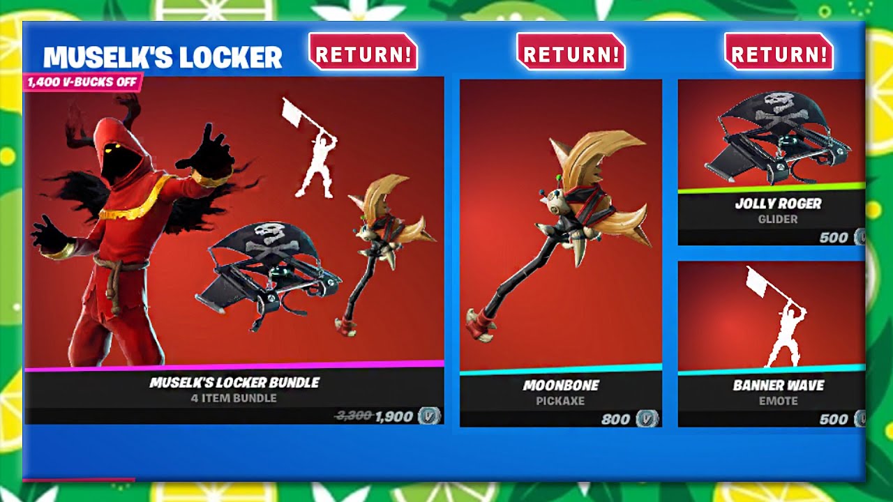 *RETURN* Muselk Locker Bundle, Moonbone Pickaxe, Jolly Roger Glider!🧢 ...