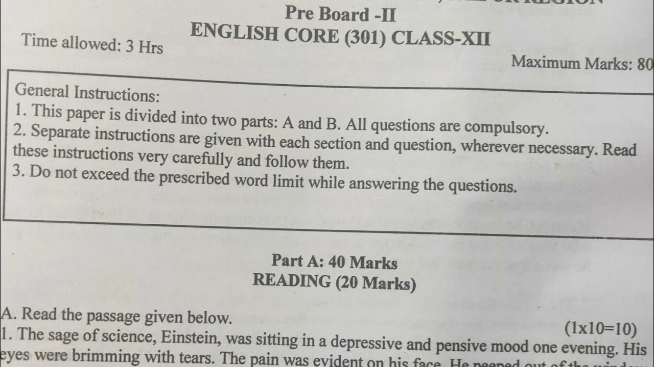 Class 12 English Pre board 2 Exam Question Paper of ( 2020 - 21 ...
