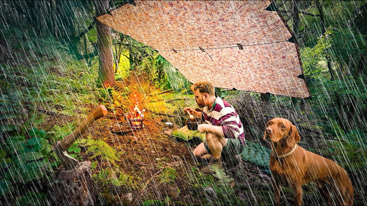Storm Camp: Camping in Torrential Rain (Tarp Shelter) - YouTube