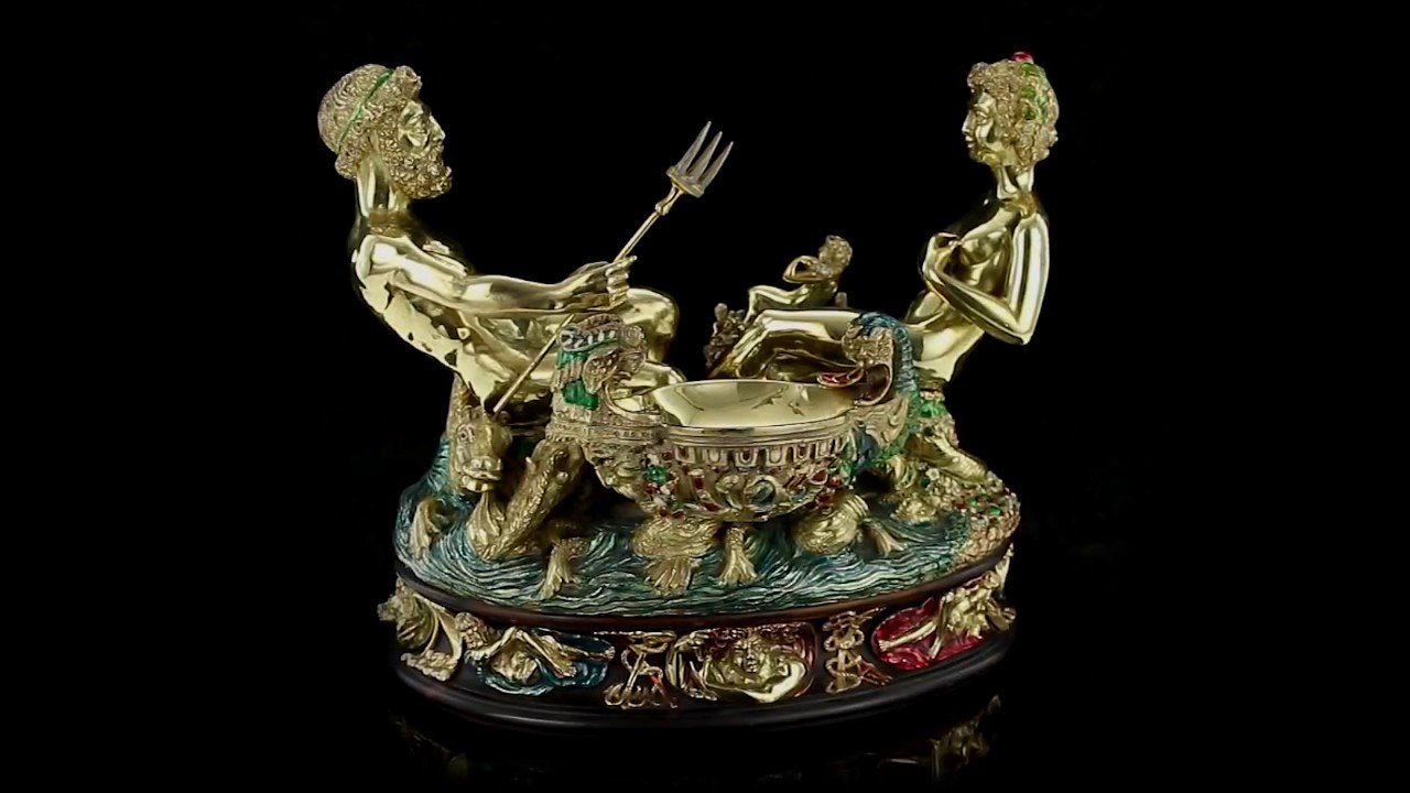 STUNNING 20thC ITALIAN SOLID SILVER GILT & ENAMEL CELLINI SALT CELLAR c ...