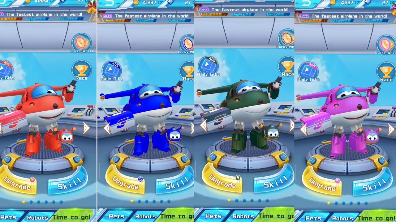 Super Wings Jett Run.Jett Red vs Jett Blue vs Jett Dark Green vs Jett ...