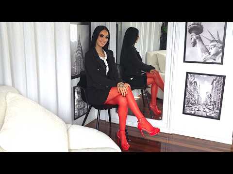 Rose Tries Out Red Lace Top Stockings Red 5 Inch High Heels Black Jacket And Skirt