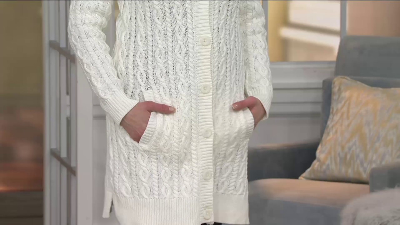 Denim & Co. Button Front Cable Knit Tunic Cardigan with Pockets on QVC ...