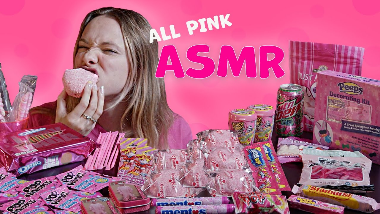 ASMR EATING *PINK SPREAD* Nerds Rope, Starburst, Ring Pop, Oreos ...