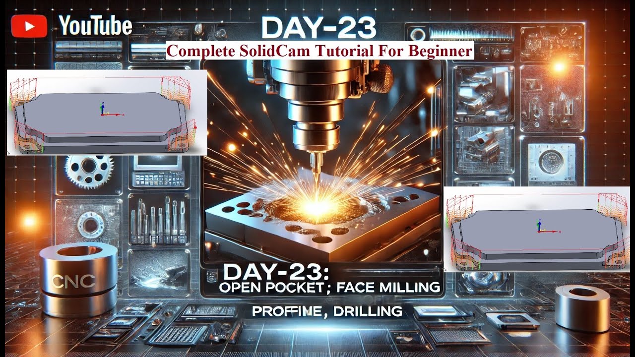 Profile milling, Face Milling, Open Pocket, Drilling. (Step by Step ) in SolidCam 2024 Beginner ...